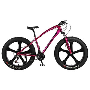 Fat Tire Mountain Bike, 26'' 21 Speed Outdoor Snow Beach Hybrid MTB Racing Bikes for Adult Women Men, Comfort Complete Cruiser Bicycle, Lightweight City Commuter Road Cycling, Dual Disc Brakes (O)