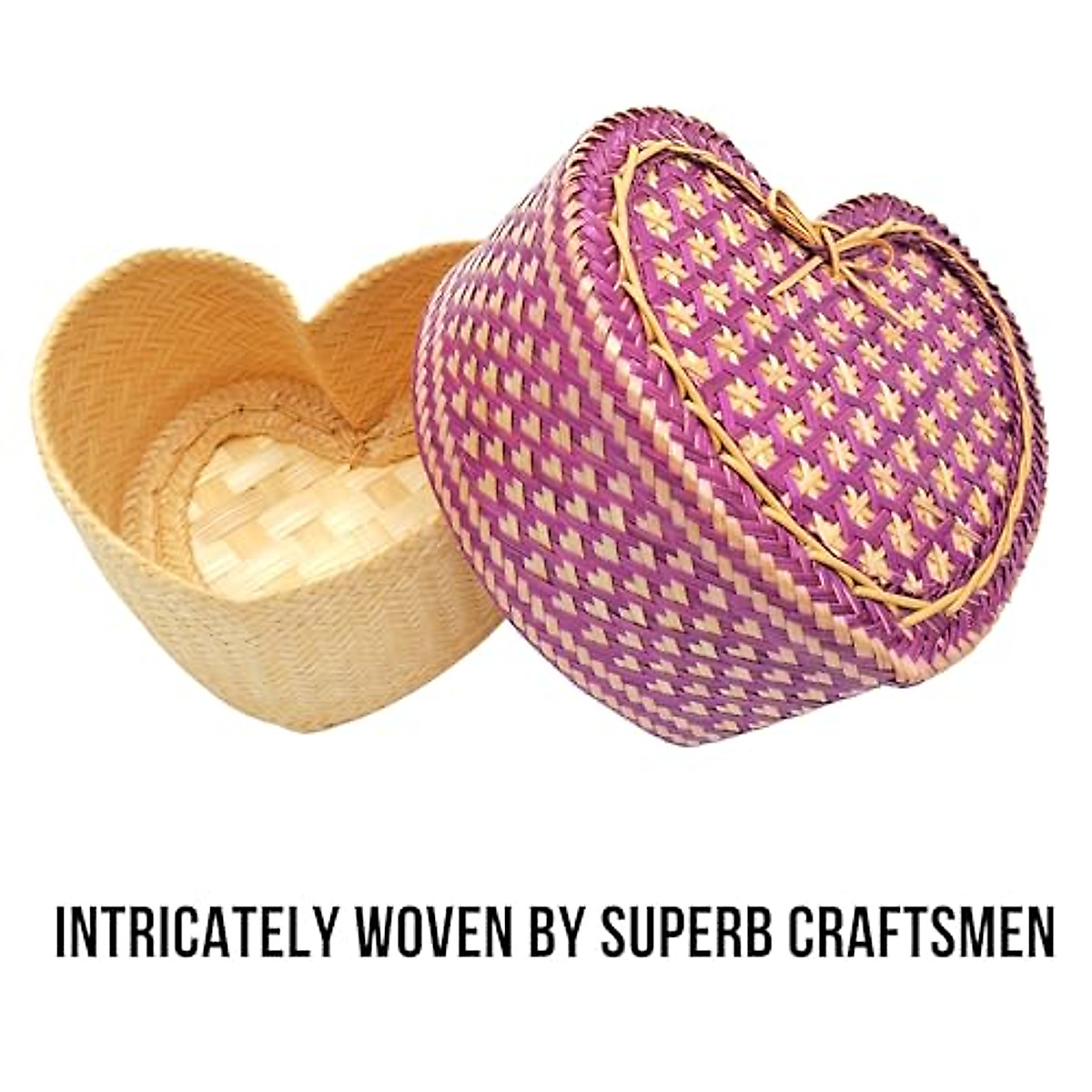 Bamboo Sticky Rice Serving Basket 6 x 5.2 Inch, Kratip, Intricately Woven Container, Heart-Shaped, Pikul Flower Weave Pattern, Thailand Handmade (Purple)
