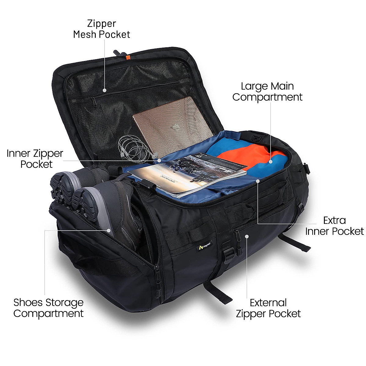 Nepest Large Duffel Backpack Bag, 3-Way Water Resistant Gym Duffle Bag with Shoe Compartment for Sports Workout Travel (Black, 90L)