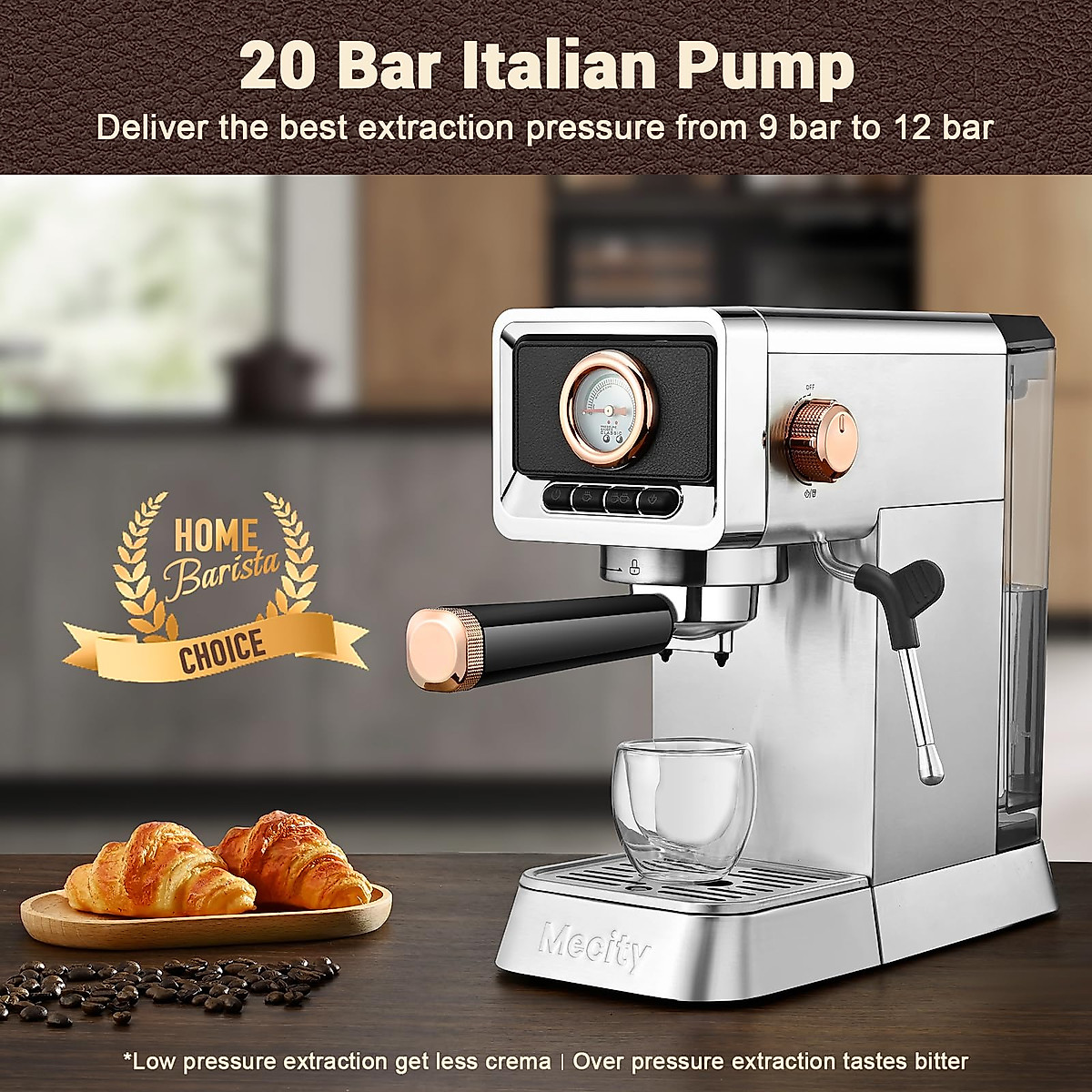 Mecity 20 Bar Espresso Machine with Milk Frother, Brushed Stainless Steel Shell, 37 fl.Oz Water Reservoir, Coffee Maker For Espresso, Latte, Mocha, Americano. 1400W