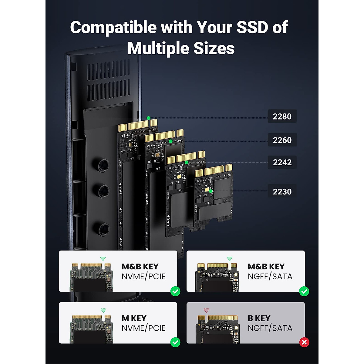 UGREEN NVMe and SATA M.2 Enclosure Tool-Free, 10Gbps USB C 3.2 Gen2, Supports UASP Trim, NVMe SSD Enclosure Supports M and B&M Keys 2280/2230/ 2242/2260 SSDs