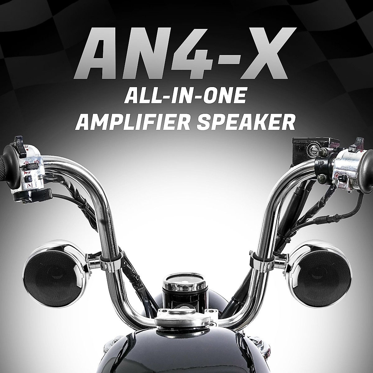 GoHawk AN4-X All-in-One Built-in Amplifier 4.5" Full Range Waterproof Bluetooth Motorcycle Stereo Speakers Audio Amp System, 1 to 1-1/4" Ape-Hanger Handlebar Harley Custom Touring Cruiser Chrome