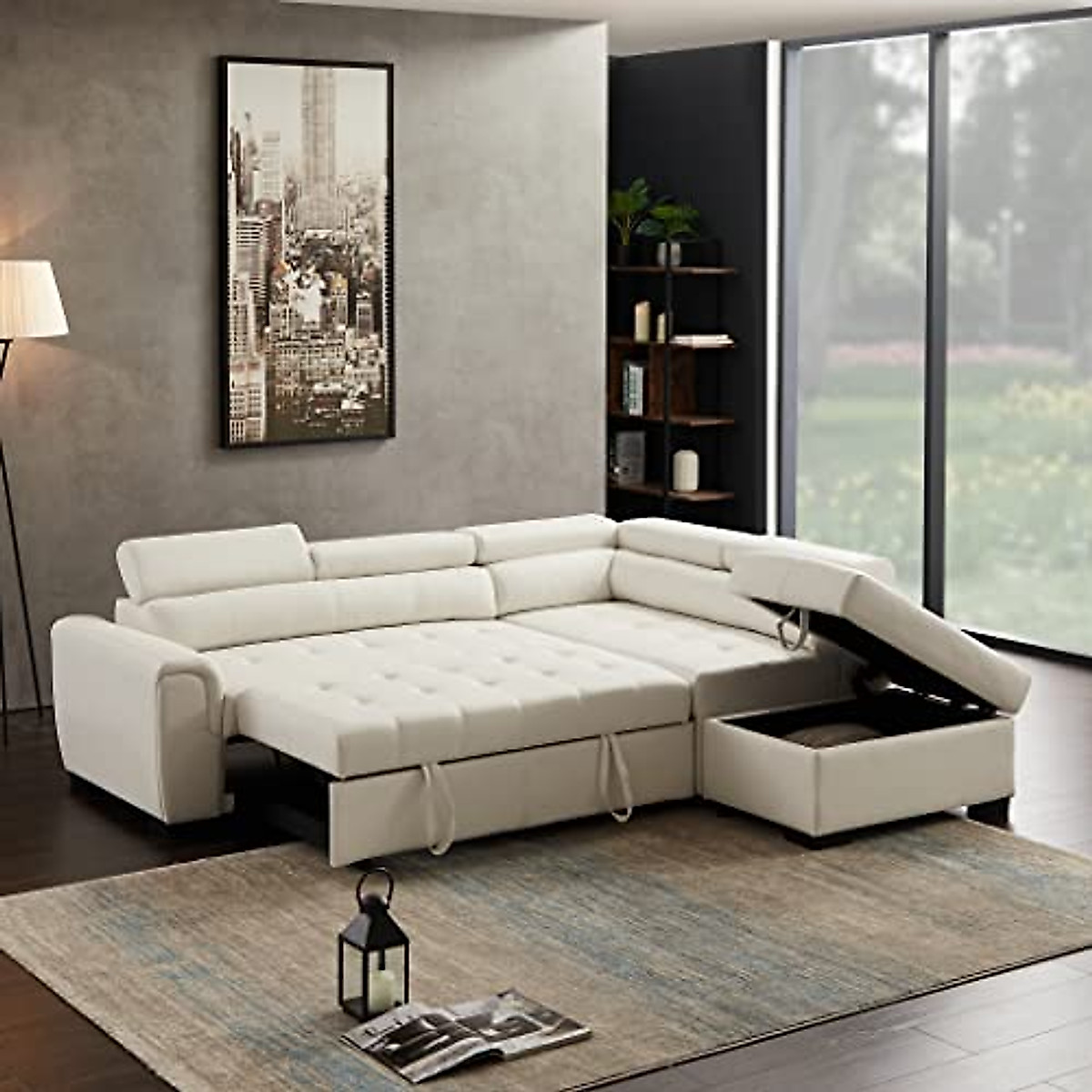 Convertible Sectional Sofa with Pull Out Bed and Adjustable Headrest , Faxu Leather Upholstered Reversible Corner Couch with Chaise and Removable Ottoman, L Shaped Tufted Sofa&Couches for Living Room