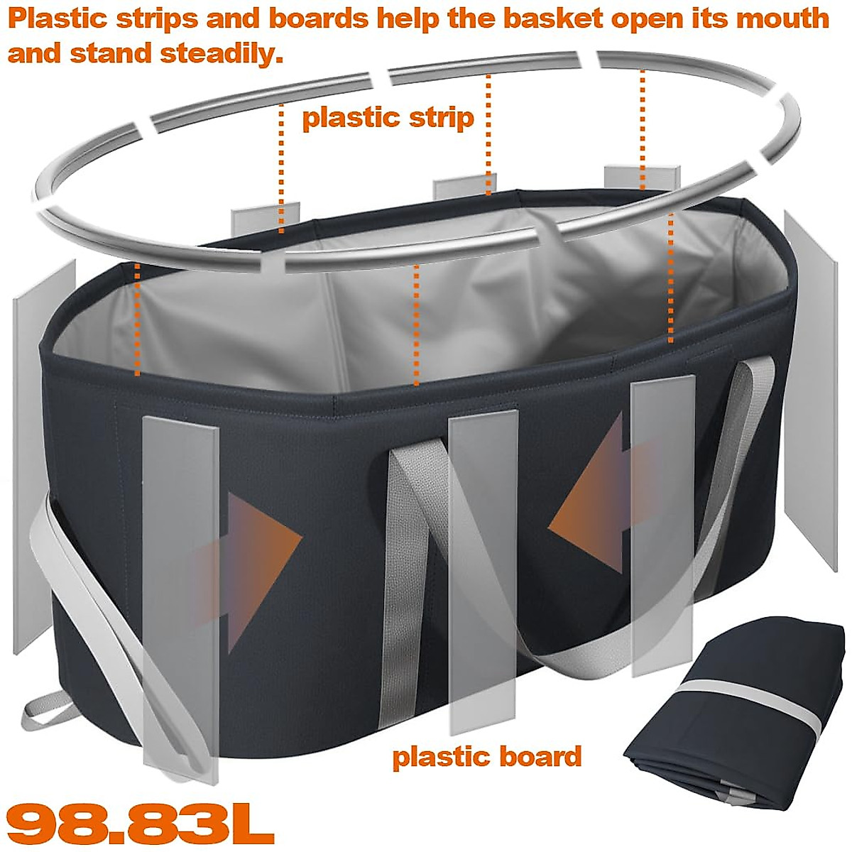 Foldable Laundry Basket 98.8L Waterproof Oxford Cloth Collapsible Laundry Basket with Plastic Supports on the Bag Opening and Sides - Black