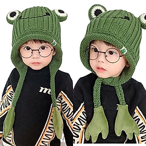 Suillty Toddler Kids Infant Winter Hat Cute Frog Earflap Knit Warm Cap Fleece Lined Beanie for Baby Boys Girls Green