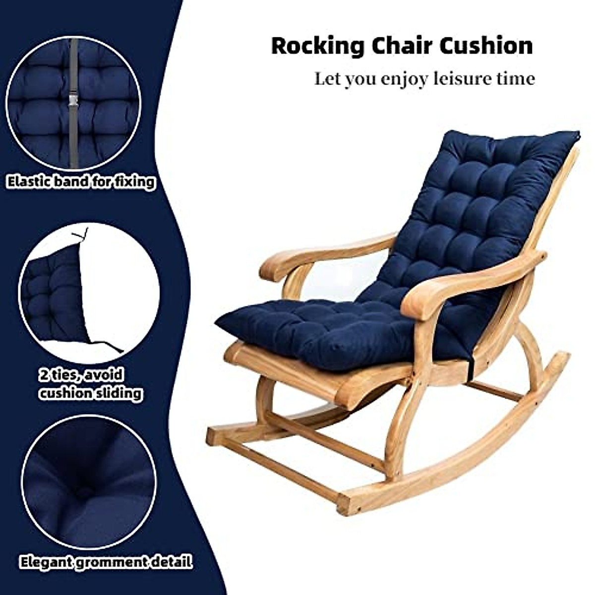 Srutirbo High Back Rocking Chair Cushion Indoor Outdoor 47”x19” Rocking Chair Pads Lounge Chair Cushion, Soft Recliner Cushion Not-Slip Patio Garden Chaise Lounger Cushion with Strap (Navy Blue)