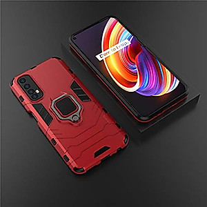 Compatible with Realme7 Case, Metal Ring Grip Kickstand Shockproof Hard Bumper (Works with Magnetic Car Mount) Dual Layer Rugged Cover for Oppo Realme 7 (Red)