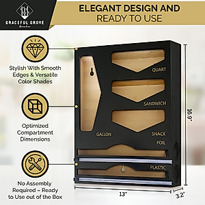 Graceful Grove Bamboo Food Bag Organizer: Kitchen Drawer Organizer with Wrap Dispenser and Cutter - Foil and Plastic Wrap Holder - Fits Gallon, Quart, Sandwich, Snack Bags, and 12" Rolls (Black)