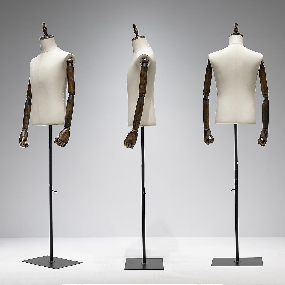 Male Mannequin Torso with Metal Stand and Wooden Arms , Dress Form Male Height Adjustable 53-76inch, Pinnable Torso Display for Clothing Retail Sewing Shop (without holders)