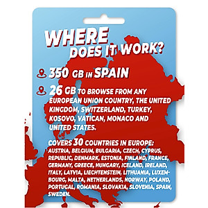 Vodafone Spain XL Prepaid SIM Card 350GB and 26GB in The Rest of Europe, UK, Turkey | 1600 Minutes to The US, Canada and to 66 Other Countries | Activation only at www tourtech .Shop