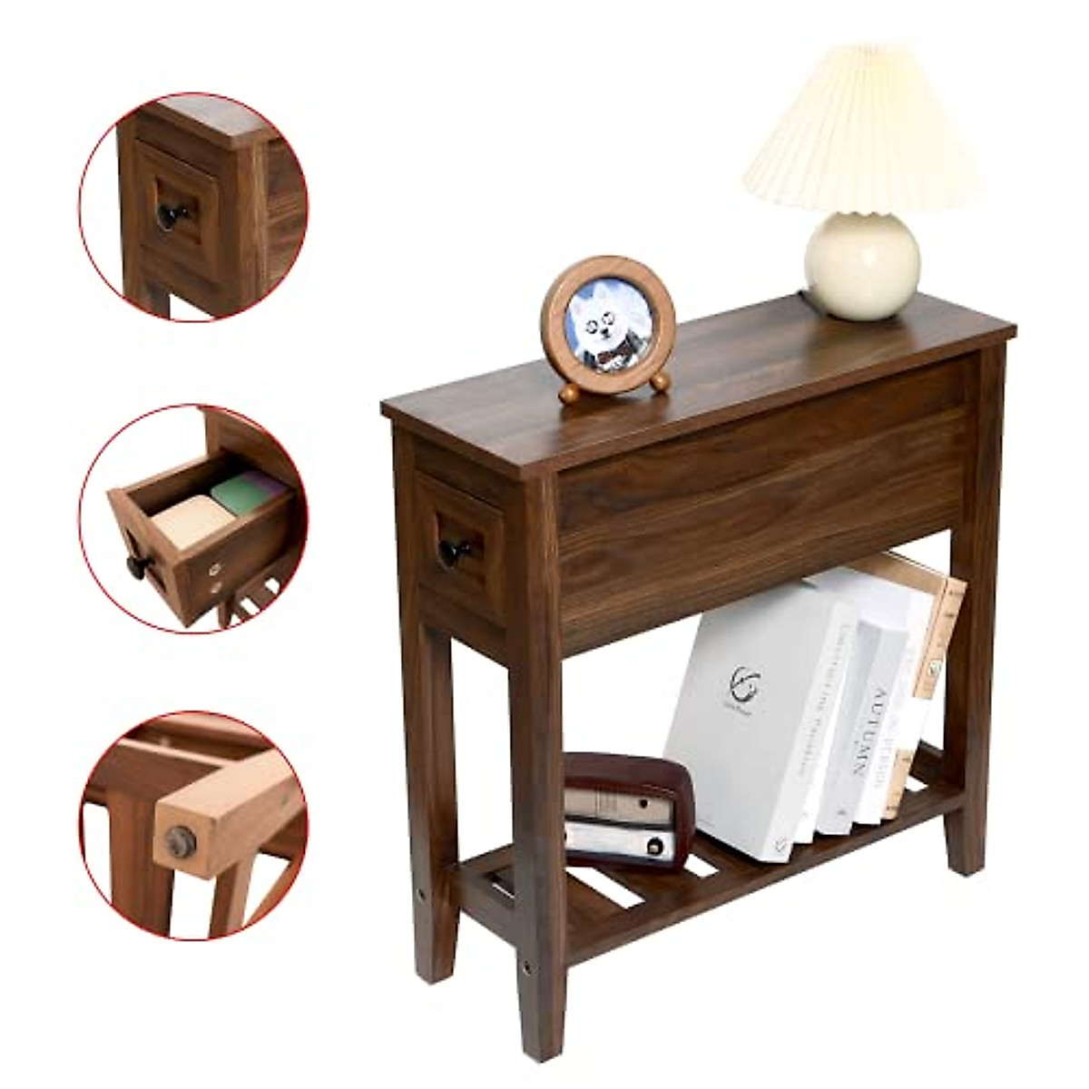 LUSUOWLZ Chairside Narrow End Table, Solid Wood Recliner Side Table with Drawer, Slim Nightstand Bedside Table for Living Room Bedroom