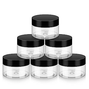 Loretoy Household 1oz Plastic Jars with Lids, 6 Pack BPA Free, Reusable, Refillable Transparent Cosmetic Containers for Bath Salts, Cosmetics, Powders, Beauty Product and Small Accessories