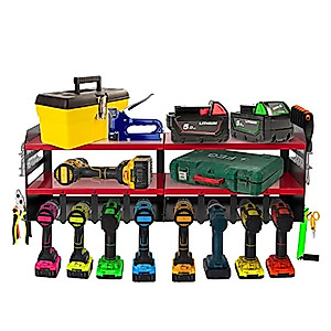 LADECH Cordless Drill Charging Station - 8 Drill Holder - Power Tool Organizer, Wall Mount Shelf with Screwdriver and Pliers Holder - Garage Storage Organizer (8 Drill Holder)