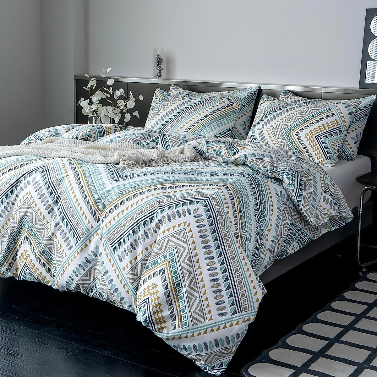 Boho Duvet Cover King, 3 Pieces Boho King Bedding Set, Ethnic Yellow White Green Louvre Bohemian Pattern Duvet Covers, 100% Cotton, Luxury Soft Breathable Comfy with Zipper Closure