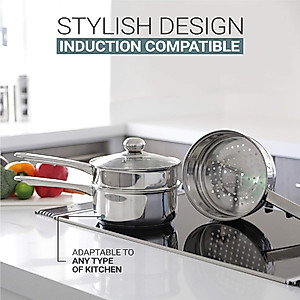 Double Boiler & Steam Pots for Chocolate and Fondue Melting Pot, Candle Making, Stainless Steel Steamer with Tempered Glass Lid for Clear View while Cooking, Dishwasher (3 Qts & 4 Pieces)