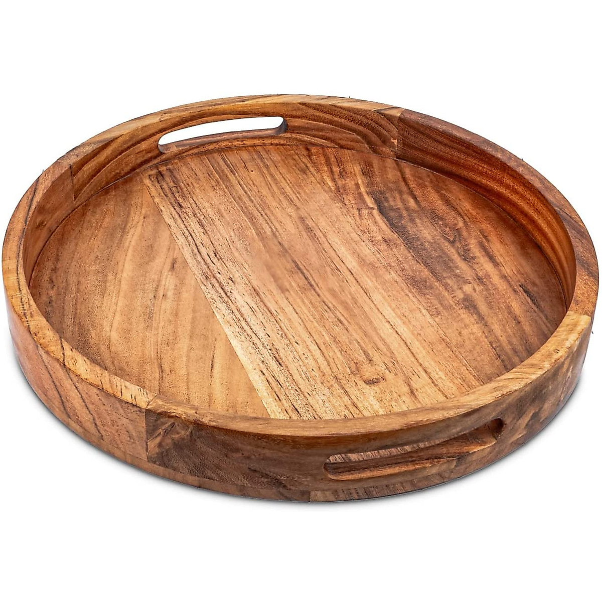Round Serving Tray in Acacia Wood with Handles for Easy Handling, Beautiful Wooden Tray for Multiple uses (15" x 15" x 2")