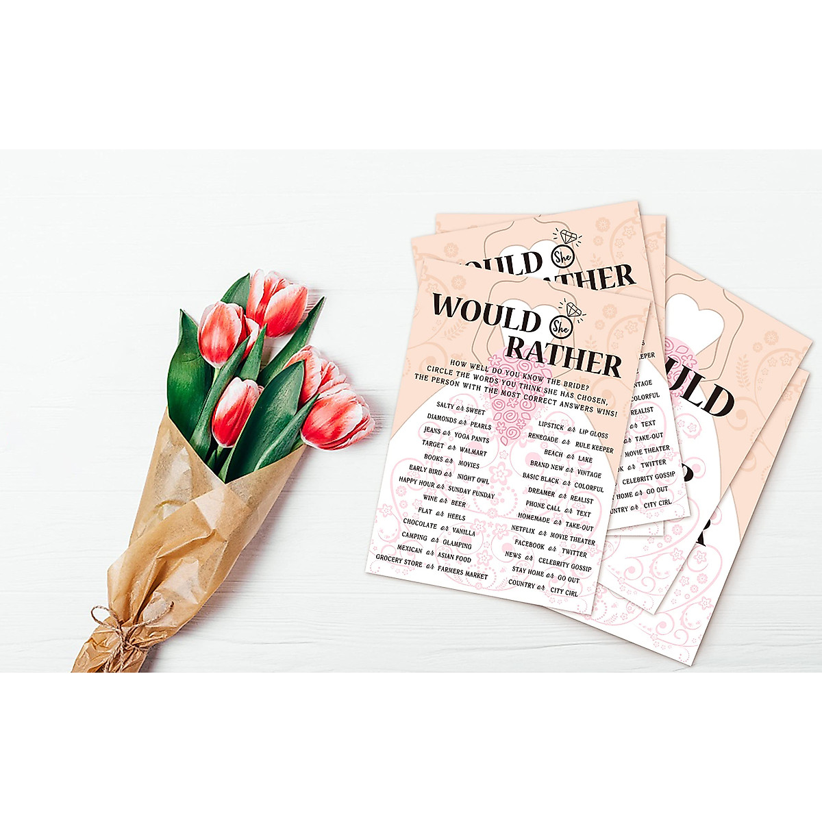 Huastatewolf Bridal Shower Game Cards, Would She Rather Game, Brid with Holding Flowers Pink Engagement Party Cards for Wedding, Set of 30 Cards(Dress003)