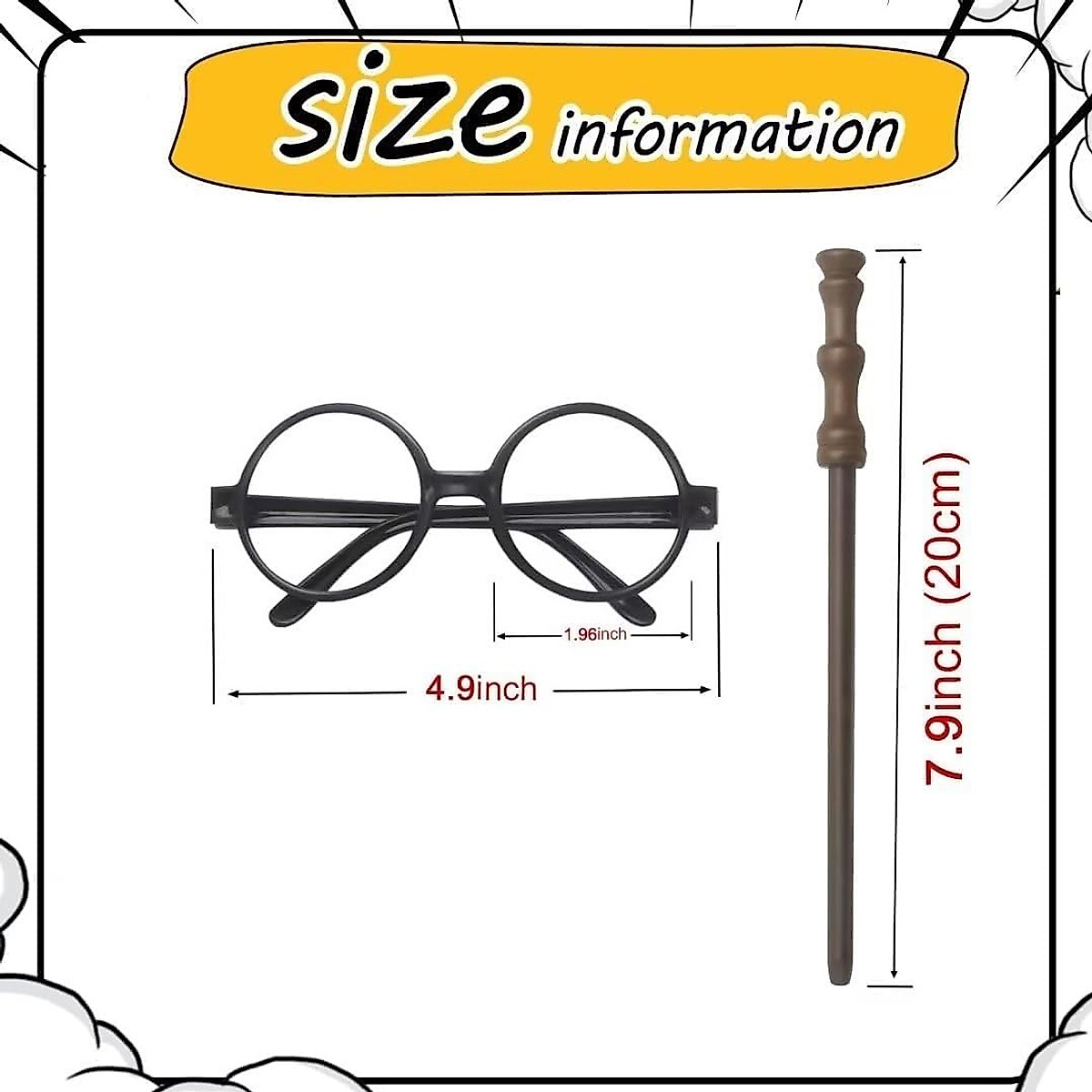 Party Supplies -24pcs Wand Pencil, 24pcs Black Glasses with Round Frame No Lenses for School Party, Birthday , Cosplay Party Decor, Halloween (48pcs all)