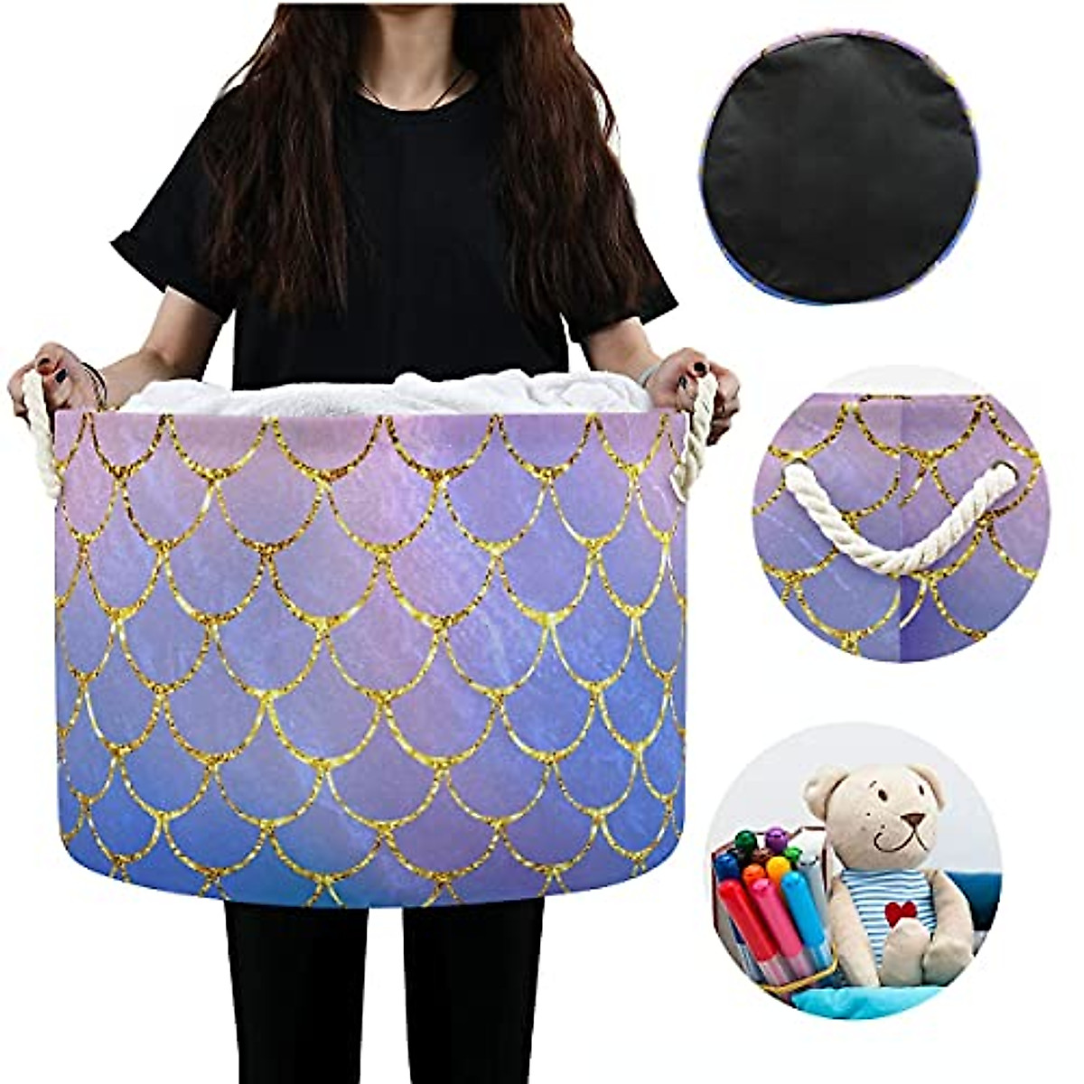 2 Mermaid Storage Bin Basket Large Round Nursery Storage & Rectangular Storage Bin, Book Bag, Gift Baskets