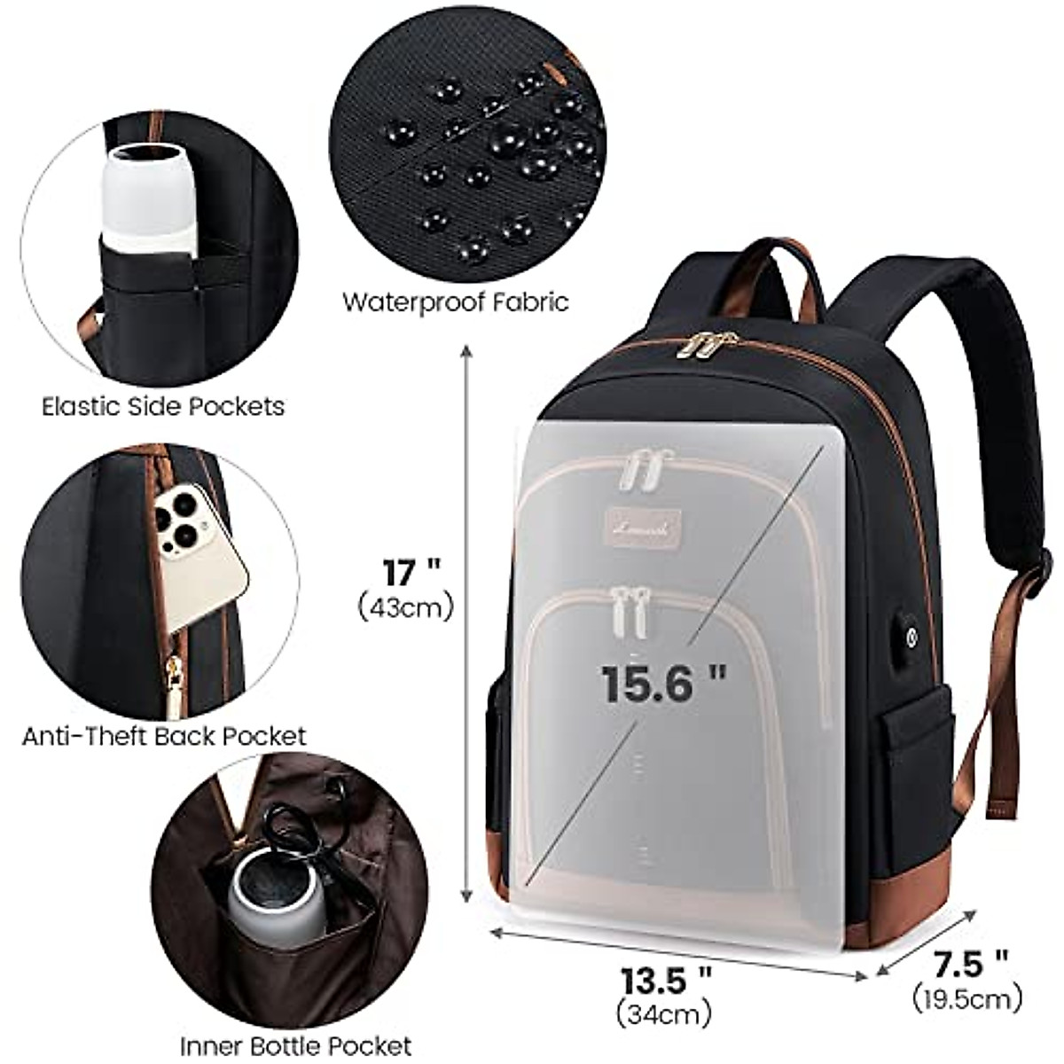 LOVEVOOK Laptop Backpack 15.6 Inch, Water Resistant Travel Backpack for Women Men,College Work Business Back Pack, Black