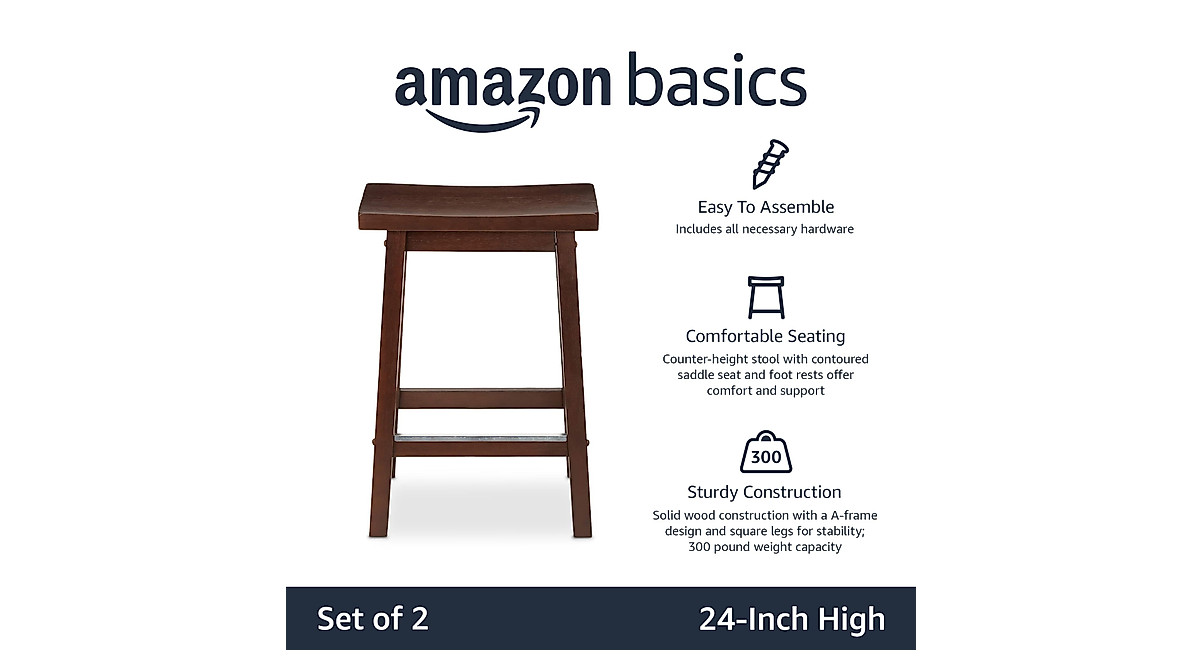 Amazon Basics Walnut Counter-Height Stools - Set of 2 for Kitchen & Bar