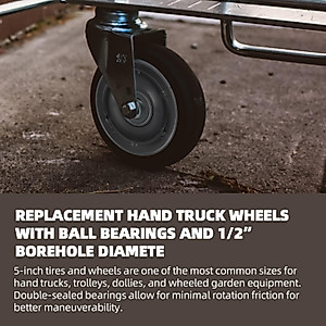 (2-Pack) AR-PRO 5” x 1.5” Flat Free Solid Rubber Wheel Assemblies - Replacement Hand Truck Wheels with Ball Bearings and 1/2” Bore Hole Diameter - Heavy-Duty Solid Rubber Wheels 88 lbs Load Capacity