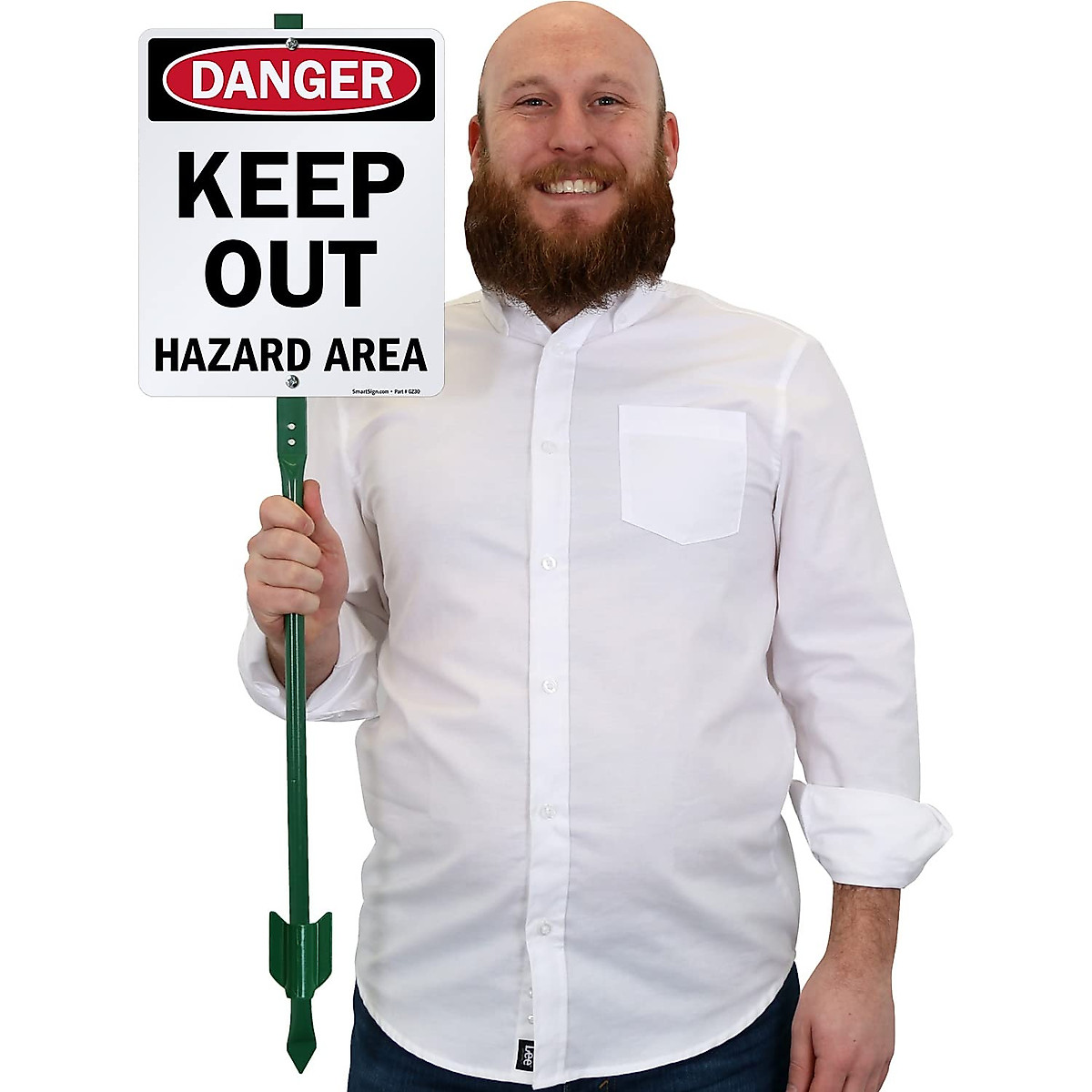 SmartSign 12 x 10 inch “Danger - Keep Out, Hazard Area” LawnBoss Yard Sign with 3 foot Stake, 40 mil Laminated Rustproof Aluminum, Red, Black and White, Set of 1, Made in USA