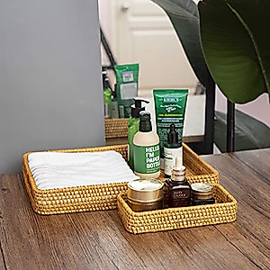 KOLSTRAW Rattan Tray Vanity Trays for Bathroom Coffee Table Tray Wicker Decorative Trays for Perfume Cologne Jewelry Key Makeup Brushes Remote Storage Large Ottoman Tray (3 Sizes: S+M+L, Honey Brown)