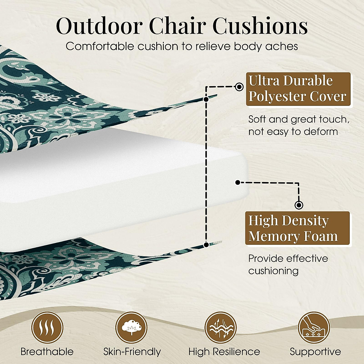 downluxe Outdoor Chair Cushions Set of 4 for Patio Furniture, Water-Resistant Round Corner Patio Chair Cushions with Ties, High Density Foam Outdoor Seat Cushion, 17" X 16" X 2", Green Paramecium