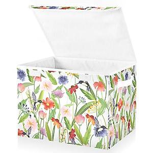 VIGTRO Large Collapsible Storage Bins with Lids Spring Cute Hummingbird, Red Wild Flowers Storage Baskets Organizer Containers with Handles for Home Bedroom Office