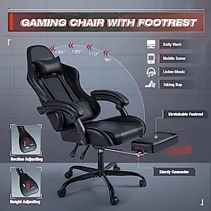 Furmax Gaming Chair, Video Game Chair with Footrest and Massage Lumbar Support, Swivel Seat Height Adjustable Computer Chair with Headrest, Racing E-Sport Gamer Chair (Black)