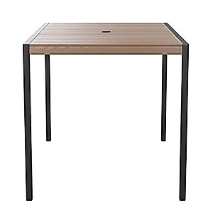 Flash Furniture Lark Outdoor Steel Dining Table with Umbrella Hole - Faux Teak Poly Slatted Top - Commercial Grade Table-Black Frame-30x48 Table Seats up to 4 Adults