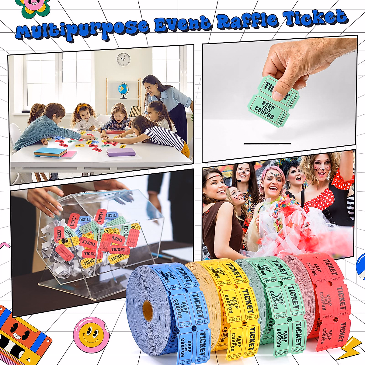 Teling 12 Roll Raffle Tickets Bulk, 12000 Double Roll Tickets, Consecutively Numbered 50/50 Raffle Tickets for Events Raffle Concert Fundraiser Party Carnival Auctions, 1000 Tickets Each Roll, 4 Color