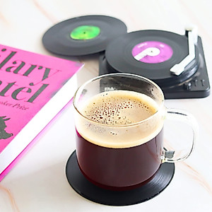 Funny Retro Vinyl Record Coasters for Drinks with Vinyl Record Player Holder for Music Lovers,Set of 6 Conversation Piece Sayings Drink Coaster,Wedding Registry Gift Ideas,Housewarming Hostess Gifts