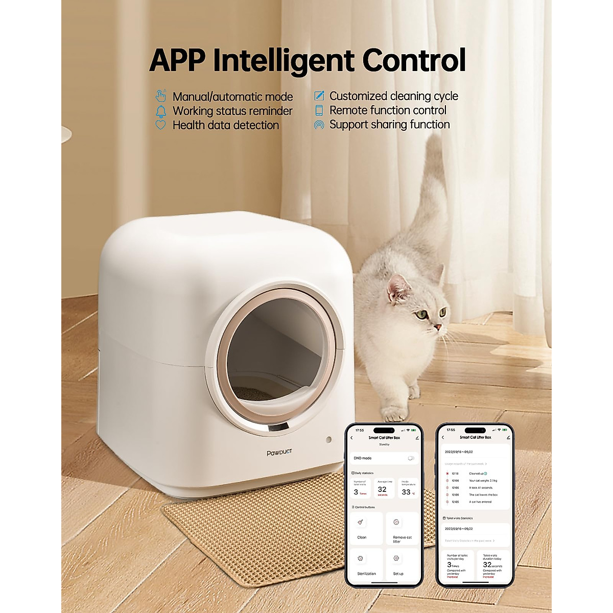 Pawduct Automatic Cat Litter Box Self Cleaning, Anti-Pinch Robot Cat Litter Box, Large Cat Litter Box for Multiple Cats, Smart APP Remote Control/Odor Removal, with Waste Bags/Mats