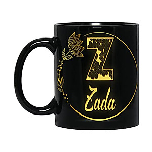Coffee Mug Personalized Zada Name & Initial Letter Monogram Floral Alphabet Mug Golden Flowers Custom Black Coffee Cup, Gift for Her Mom Coworker Sister, Wife, Girl 11oz Black Mug 189043