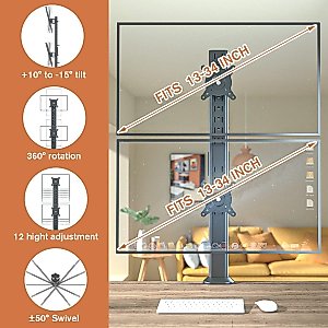 Hemudu Dual Monitor Articulating Desk Mount Arm Stand - Vertical Stack Screen Supports Two 13 to 34 Inch Computer Monitors with C Clamp