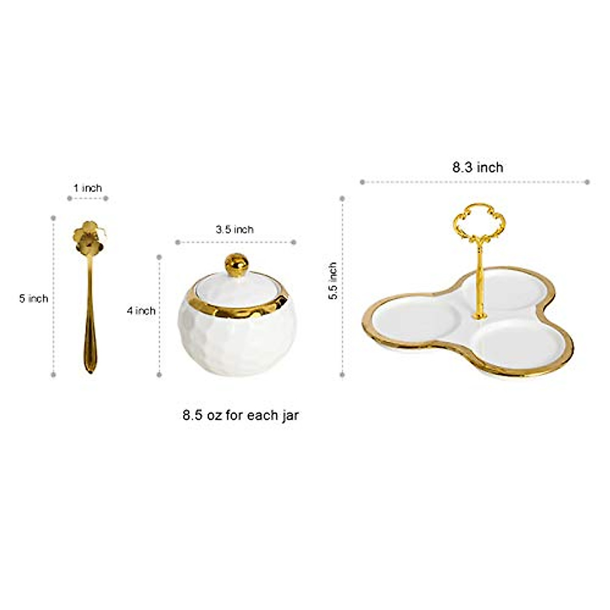 BIHOIB Golf Porcelain Sugar Bowl Condiment Pot Salt Container with Lid, Spoon and Tray, Set of 3, Modern Spice Box Seasoning Jar, White and Gold