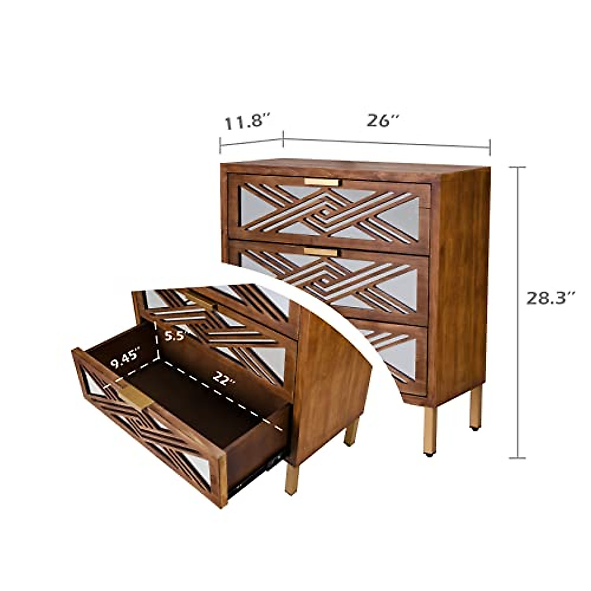 COZAYH 3-Drawer Accent Dresser with Mirror Fronts, Modern Farmhouse Accent Chest Clean-Lined Silhouette
