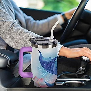 WYUSPGK 40oz Stainless Steel Car Mug, Sea Animals Stingrays Print Travel Mug, Double-Wall Insulated with Straw, Perfect for Car, Office, Outdoor