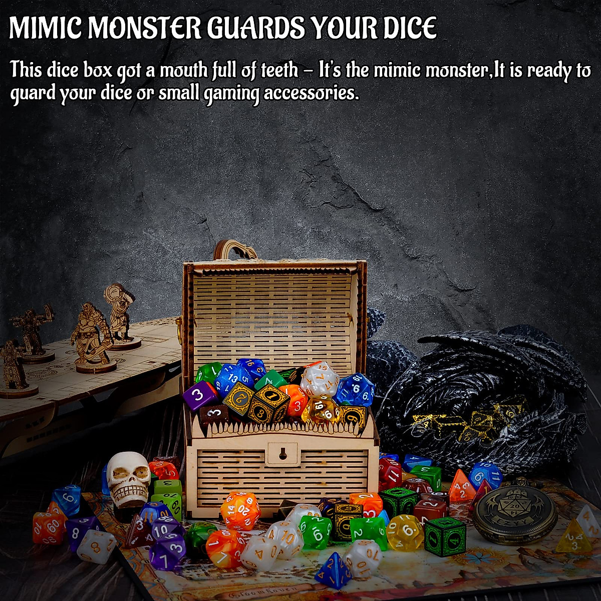 DND Mimic Chest Box Wood Laser Cut Dice Storage Case Perfect for Dungeons and Dragons, Board Game, Tabletop RPG and Gaming Accessories