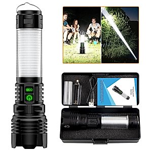 LED Rechargeable Flashlight 100000 High Lumens with Camping Lanterns - 2000 Meters Long Beam Super Bright LED Flashlight, Waterproof Camping Tent Lights 5 Modes, Zoomable Camping Flashlight Lantern