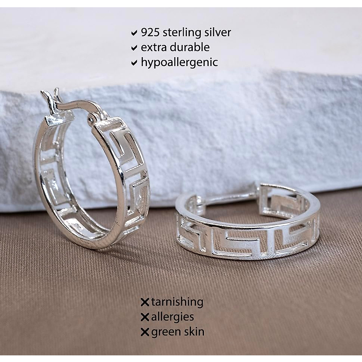 Sterling Silver Greek Key 20mm Round Hoop Earrings