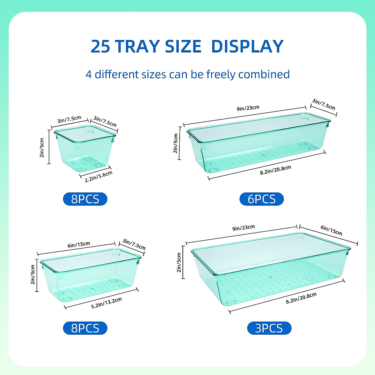 25 PCS Plastic Drawer Organizers Set, 4-Size Bathroom & Vanity Drawer Organizer Trays, Storage Bins for Makeup, Bedroom, Kitchen Gadgets Utensils & Office (Green)
