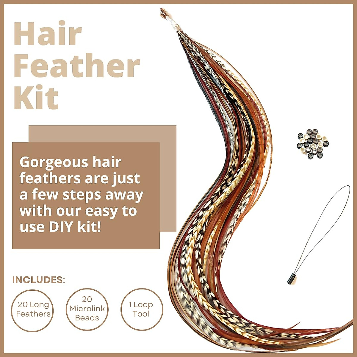 Hair Feathers Kit, 20 Beautiful Feathers for Hair, Brown Black White Long Feather Extensions with beads and loop tool, 100% Real Rooster Boho Soft Natural Feather Accessories