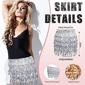 Sequin Fringe Skirts Belly Dance Skirt Festival Tassel Skirt Hip Scarf Wrap Outfit Costumes for Women and Girls (Silver, Gold)