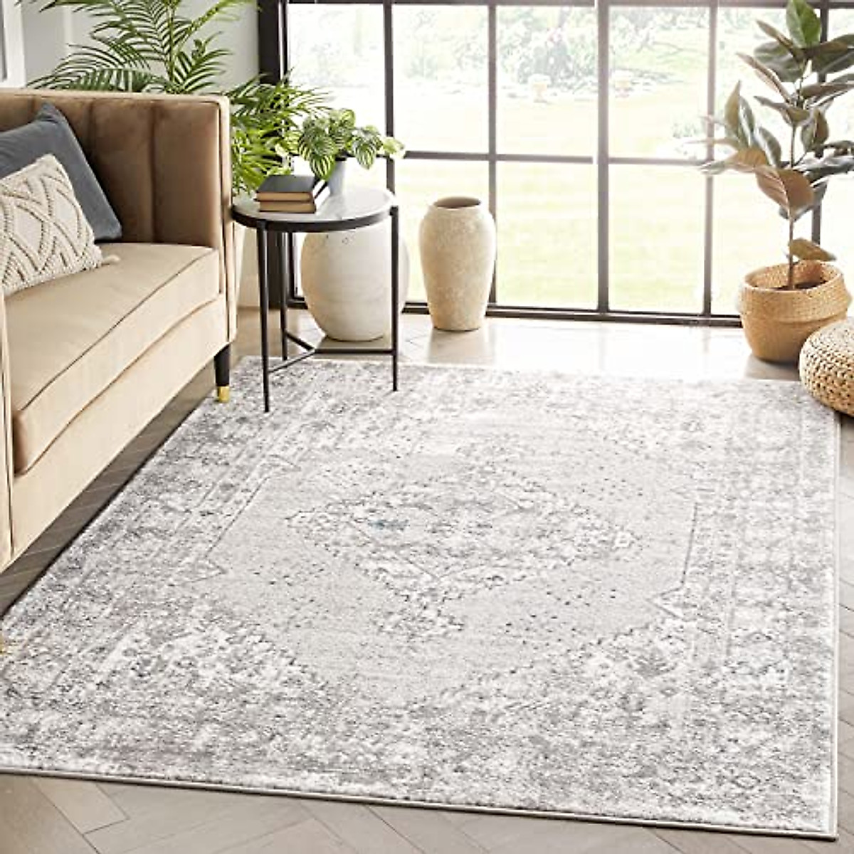 Well Woven Dulcet Trieste Distressed Floral Medallion Pattern Ivory Grey 5'3" X 7'3" Area Rug