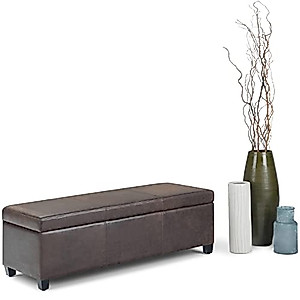 SIMPLIHOME Avalon 48 Inch Wide Contemporary Rectangle Storage Ottoman Bench in Distressed Brown Vegan Faux Leather, For the Living Room, Entryway and Family Room