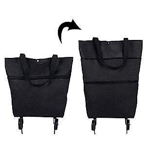 Nataliey 2 in 1 Grocery Cart with Wheels,Foldable Shopping Bags with Zipper,Waterproof Trolley Bag Folding Utility Shopping Cart for Women or Men Travel Home Kitchen,Black