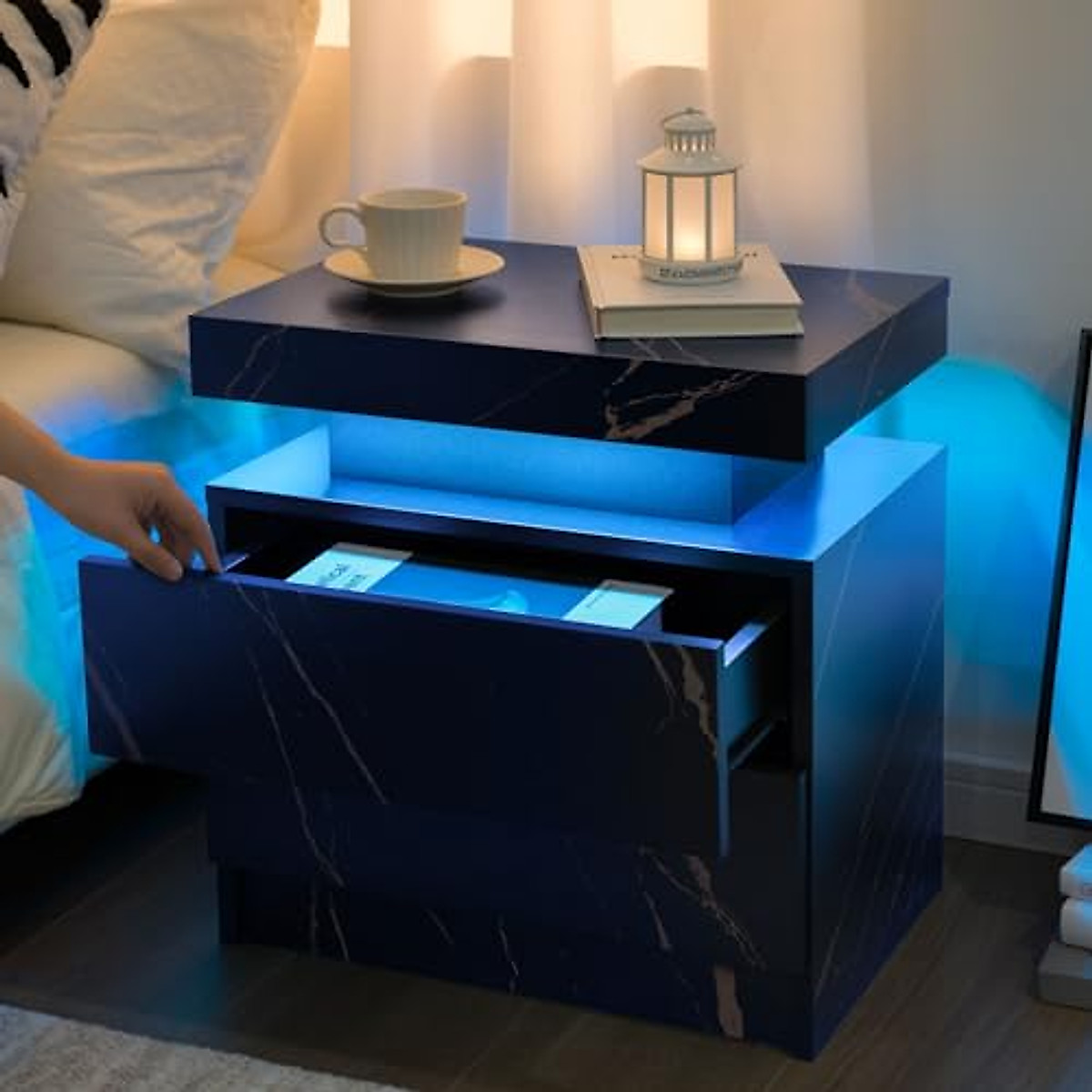 Bedroom Nightstand LED Night Stand Bedside Table with Drawers Modern End Tables for Bedroom Blue